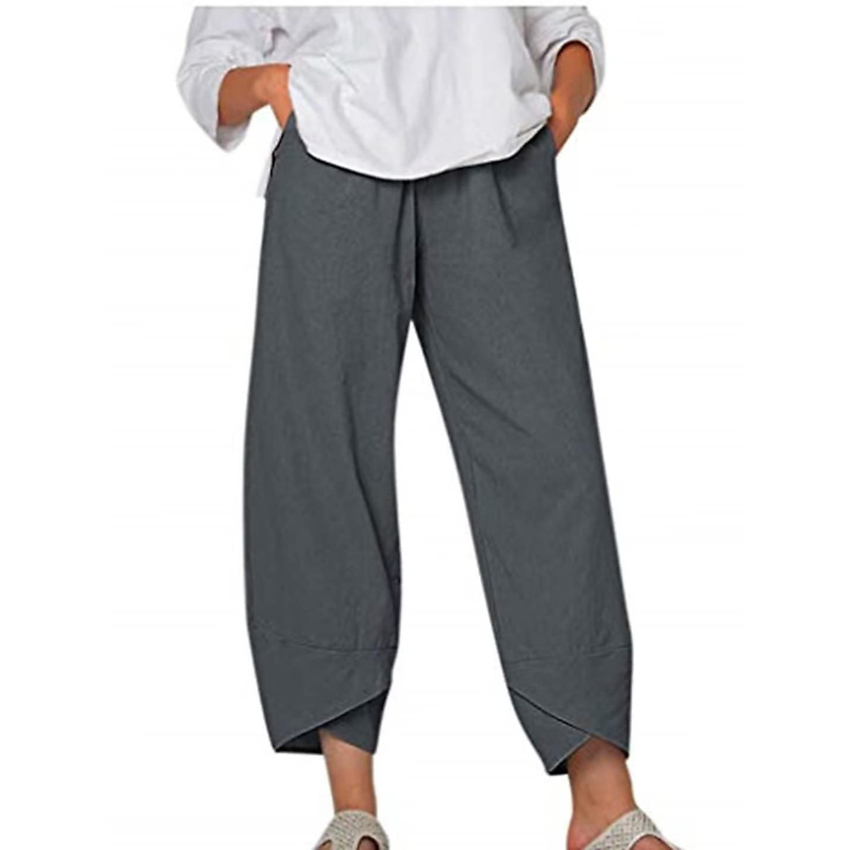 GLIENST Women's Cotton Linen Pants Elastic High Waisted Straight Leg Palazzo Loose Casual Trousers Pajama for Ladies with Pockets One Piece Grey XL