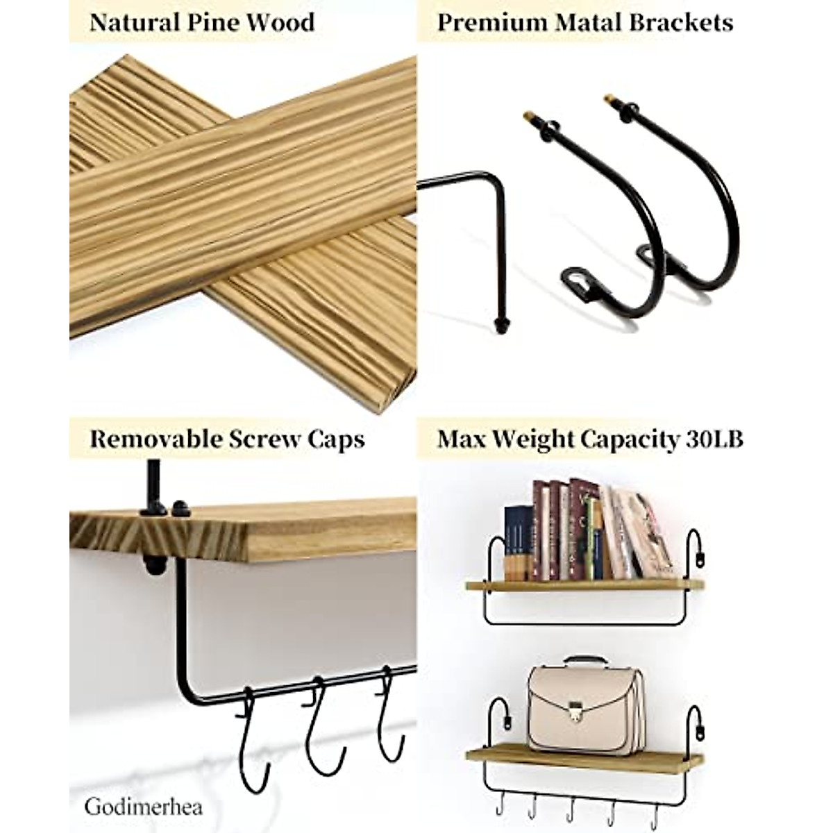 Godimerhea Floating Shelves with Hooks, Set of 2 Rustic Wall Mounted Wooden Decorative Storage Shelves with Towel Rack for Coffee Bar, Kitchen, Living Room（Brown）