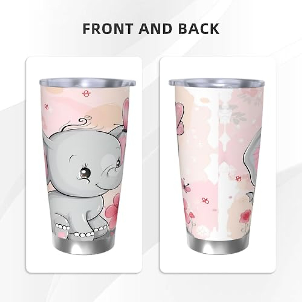 AYCZN Cute Elephant Butterfly 20 OZ Tumbler Stainless Steel Travel Coffee Mug, Cartoon Flower Insulated Water Bottle with Lid and Straws Leakproof Thermal Cup