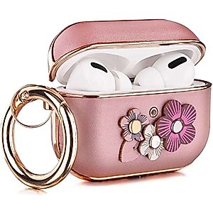 V-MORO Compatible with Airpods Pro Case, Flower Leather Protective Case for Apple Airpods Pro 2019/Airpods Pro 2nd Generation Wireless Charging Case Cover with Keychain Women Men, Rose Gold