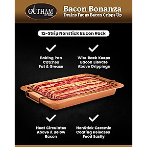 Gotham Steel Bacon Bonanza XL Baking Pan with Rack for Crispy Bacon + Crisper Tray for Bacon with Grease Catcher, Nonstick Bacon Cooker for Oven / Copper Bacon Pan, Non-Toxic Oven / Dishwasher safe