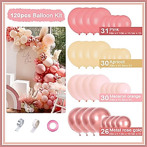 Pink Balloon Arch Kit, 120pcs Macaron Pink Balloon Garland Arch Kit, Orange Apricot and Metallic Rose Gold Balloon for Girls Boho Balloon Arch for Baby Bridal Shower, Birthday Party and Princess Theme