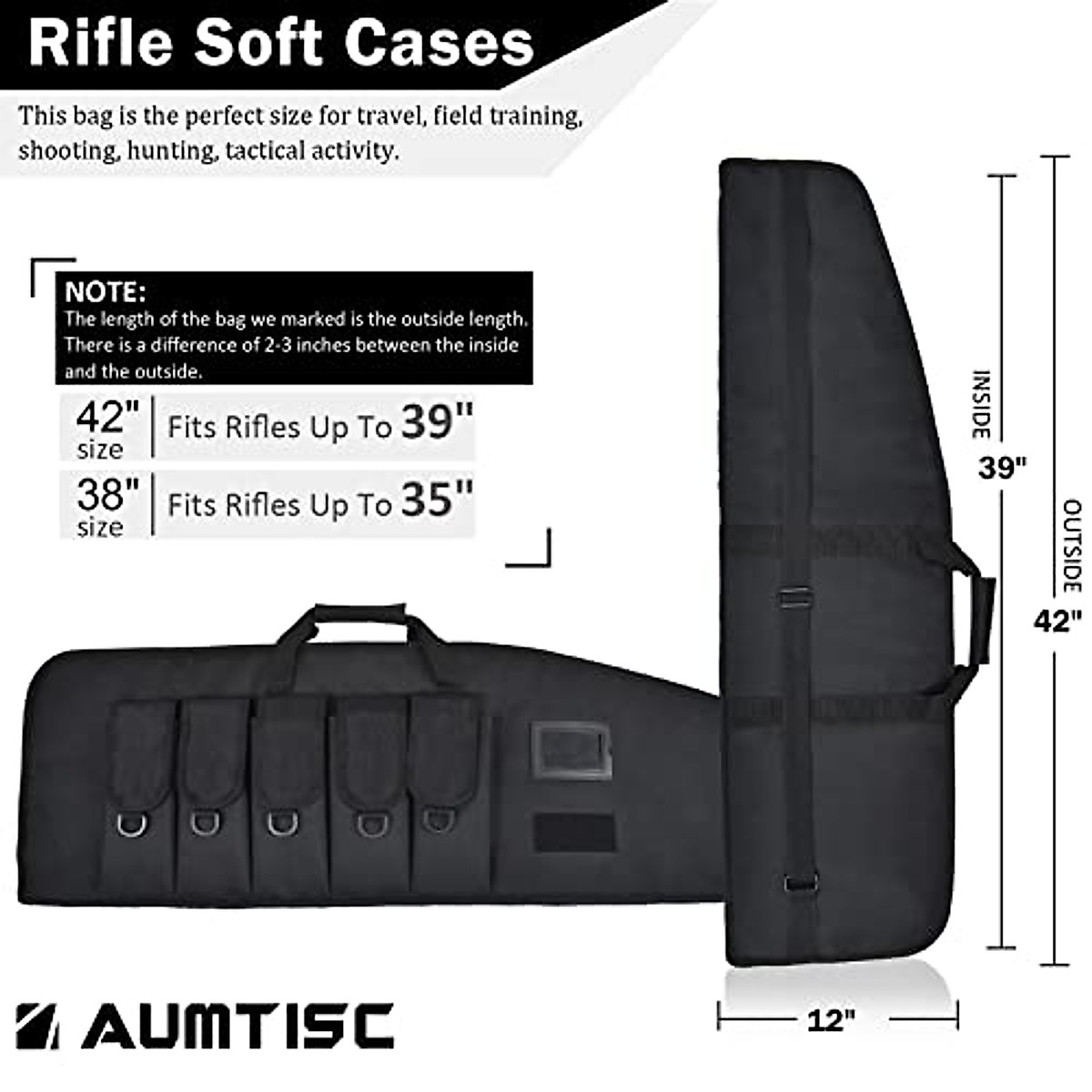 AUMTISC AR 15 Soft Rifle Gun Case, Tactical Shooting Range Rifle Gun Bag with 5 Pouches and Ajustable Shoulder Strap, Black 39 Inch