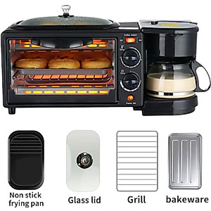 BYHIP 3-in-1 Breakfast Station - Includes Coffee Maker, Non-Stick Griddle, and 4-Slice Toaster Oven - Versatile Breakfast Maker with Timer Suitable for Kitchenettes/Apartments/Dormitories- Black