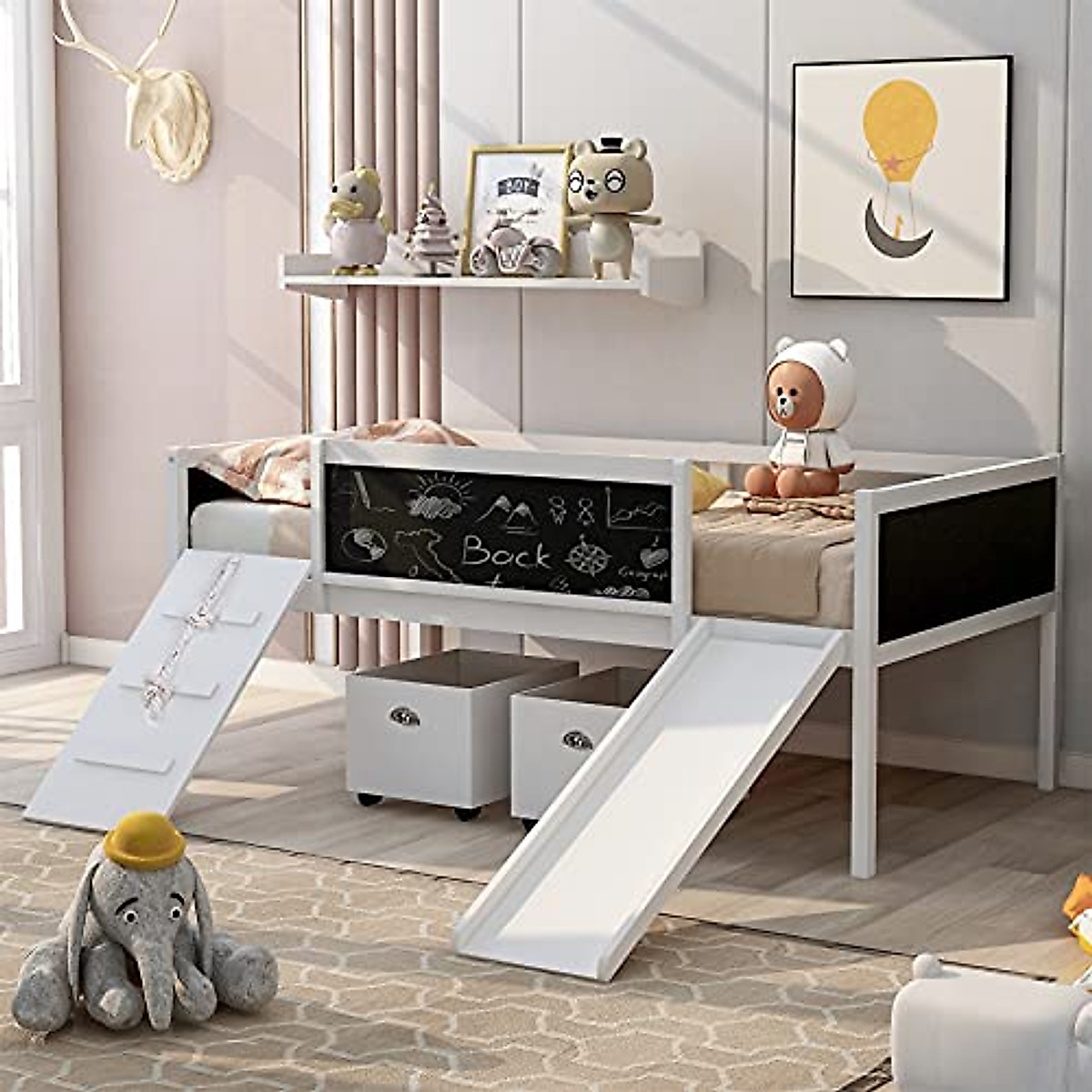 Harper & Bright Designs Kids Loft Bed with Slide and Double-Sided Chalkboard, Wooden Low Loft Bed Frame with 2 Storage Boxes, Twin Loft Bed for Boys & Girls (New, White)