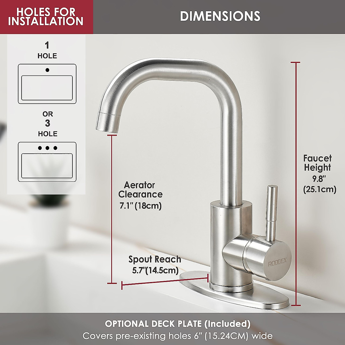 RODDEX Square Bar Sink Faucet, Single Handle Bar Mixer with 3 Hole Deck Plate, Utility Stainless Steel Cheese Faucets for rv Camper Laundry Outdoor Farmhouse Kitchen Sink (Brushed Nickel, Small)