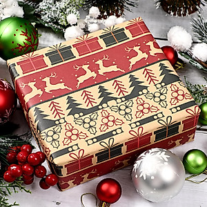 PlandRichW Christmas Wrapping Paper 12 Sheets of Folded Brown Kraft Paper with Red and Green, Greetings, Snowflakes, Reindeer, Christmas Tree Elements Series, 20 X 29 Inches Each