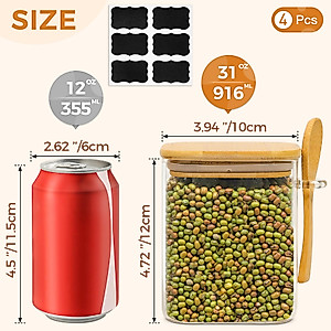 ComSaf 31oz Glass Jars with Bamboo Lids & Spoons Set of 4, Square Glass Containers with Lids, Sugar Coffee Containers Salt Spice Jars, Pantry Storage Container for Loose Tea, Candy, Brown Sugar, Nuts