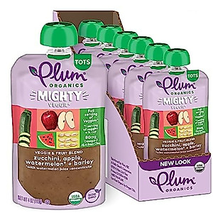 Plum Organics Mighty Veggie Organic Toddler Food - Zucchini, Apple, Watermelon, and Barley - 4 oz Pouch (Pack of 6) - Organic Vegetable Toddler Food Pouch