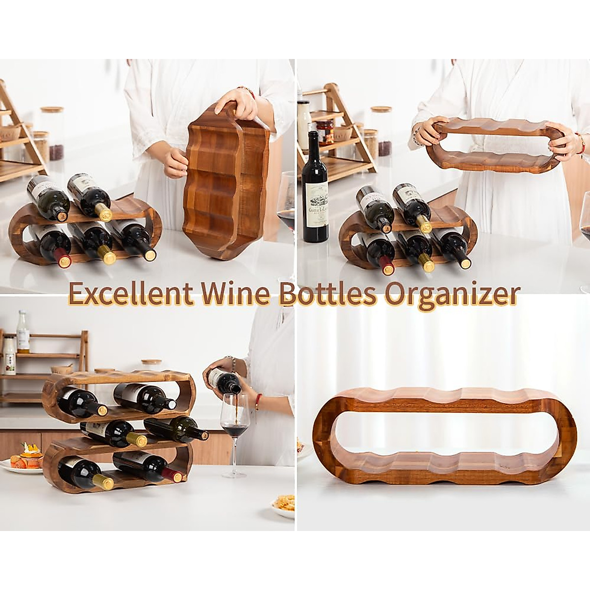 6-Bottles Wine Racks Countertop, 2-Tier 6-Slot Stackable Rustic Wooden Wine Cellar Racks, Solid Acacia Wood Wine Holder Storage Stand, Wine Bottles Display Shelf For Kitchen Tabletop Pantry Bars