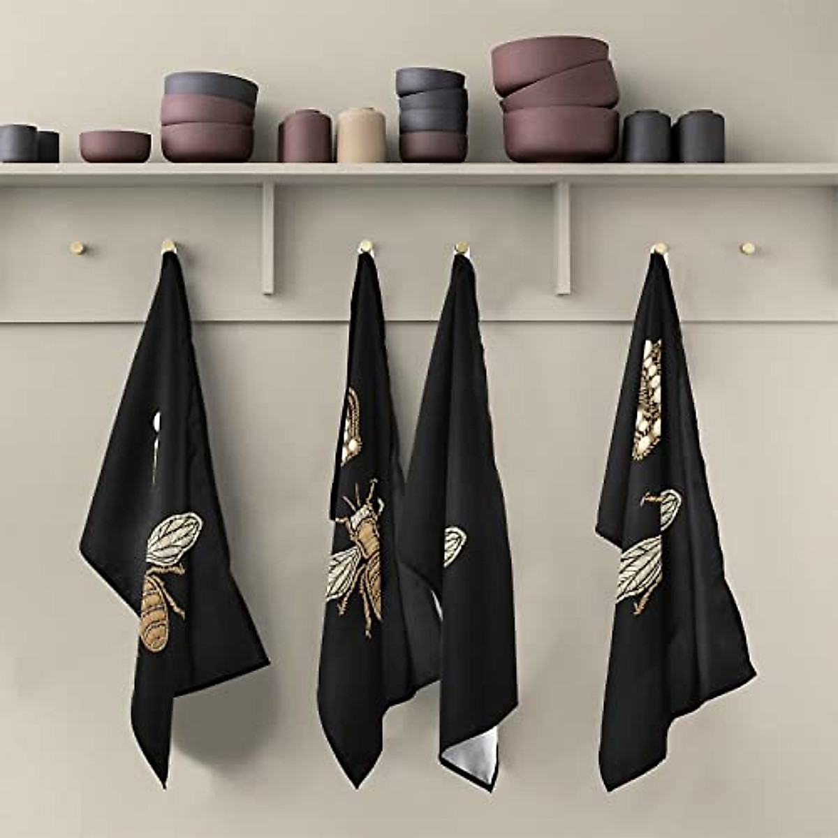 Gold Embroidery Bee and Gold Black Crown on Dark Seamless Pattern Set of 1 Polyester Kitchen Dish Towel, Hemmed Napkin Terry Towel, Dishtowels Dishcloths, Hand Bar Tea Towels with Hanging Loop