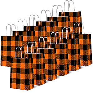 Whaline 20 Pieces Thanksgiving Fall Halloween Paper Bags Orange Black Buffalo Plaid Kraft Party Bags with Handle Party Favor Gift Bag Candy Treat Bag for Autumn Thanksgiving Halloween Wedding