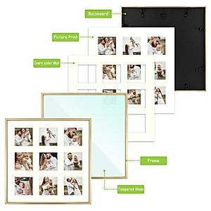 Golden State Art, 4x4 Aluminum Collage Frame, Displays 4 x 4 Pictures With 9 Openings Mat or One 16x16 Photo, Real Glass, Wall Display, Gold, 1 Pack