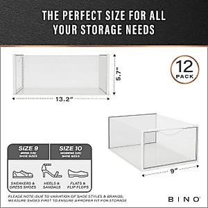 BINO 12-Pack Plastic Stackable Shoe Box Set - Clear | Foldable Shoe Storage Container | Sneaker Bins | Shoe Rack Box | Transparent | Portable Stacking Shoe Boxes Front Open