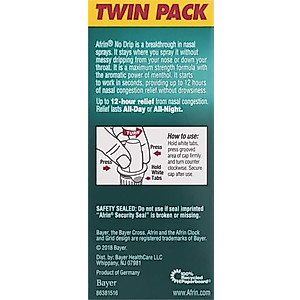 Afrin No Drip Severe Congestion Maximum Strength Nasal Spray - 12 Hour Nasal Spray Relief for Nose Congestion, Nasal Swelling, and Allergies - 2 x 0.5 Fl Oz Bottles - Pack of 1