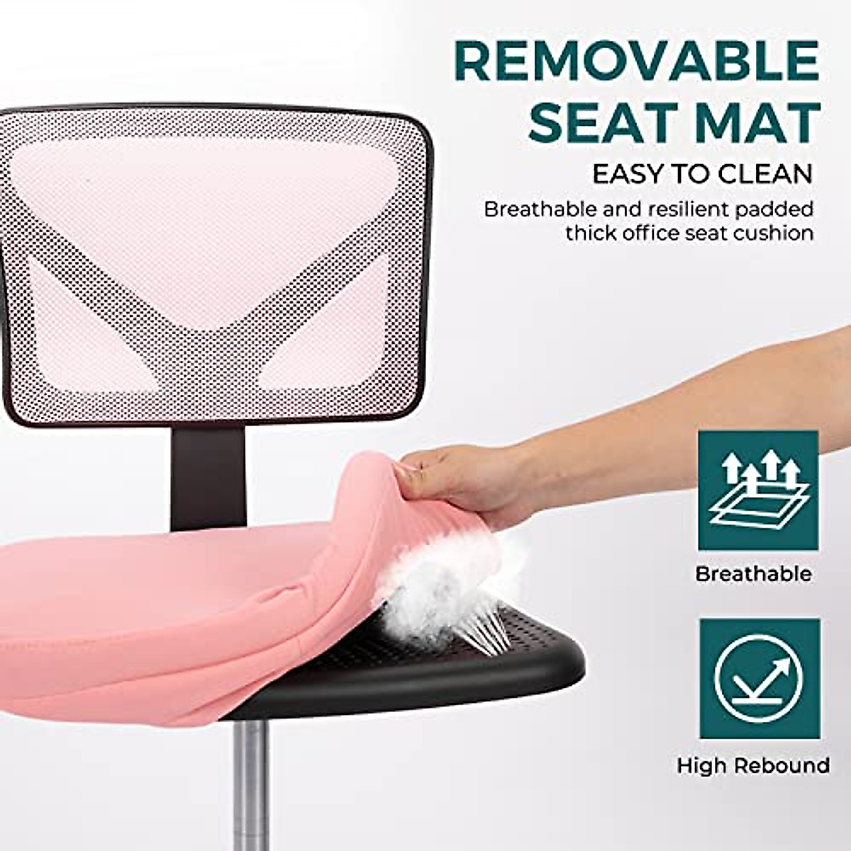 DUMOS Armless Desk Wheels Cute Home Office Chairs, Ergonomic Adjustable Swivel Rolling Task, Comfy Mesh Mid Back Computer Work Vanity Chair for Small Spaces, Pink