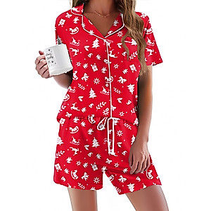 Ekouaer Pajamas Set for Women Short Sleeve Sleepwear Button Down Pjs Soft 2 Piece Lounge Sets Red Christmas Pattern S