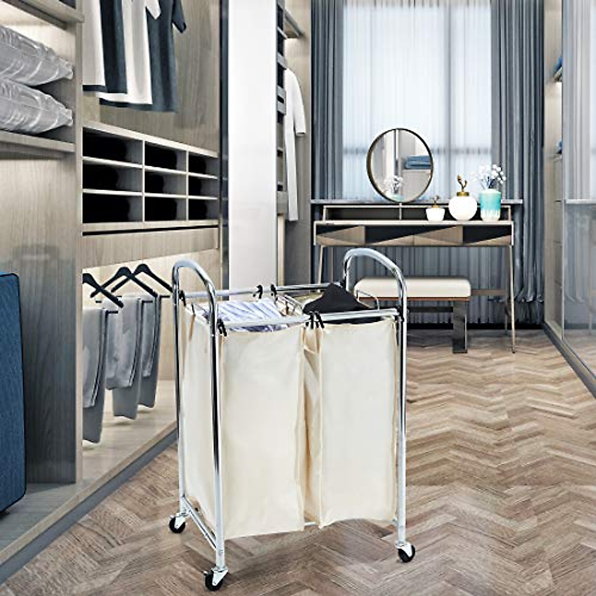 Seville Classics Laundry Hamper Sorter Cart Mobile Premium 2-Bag Compact, Canvas