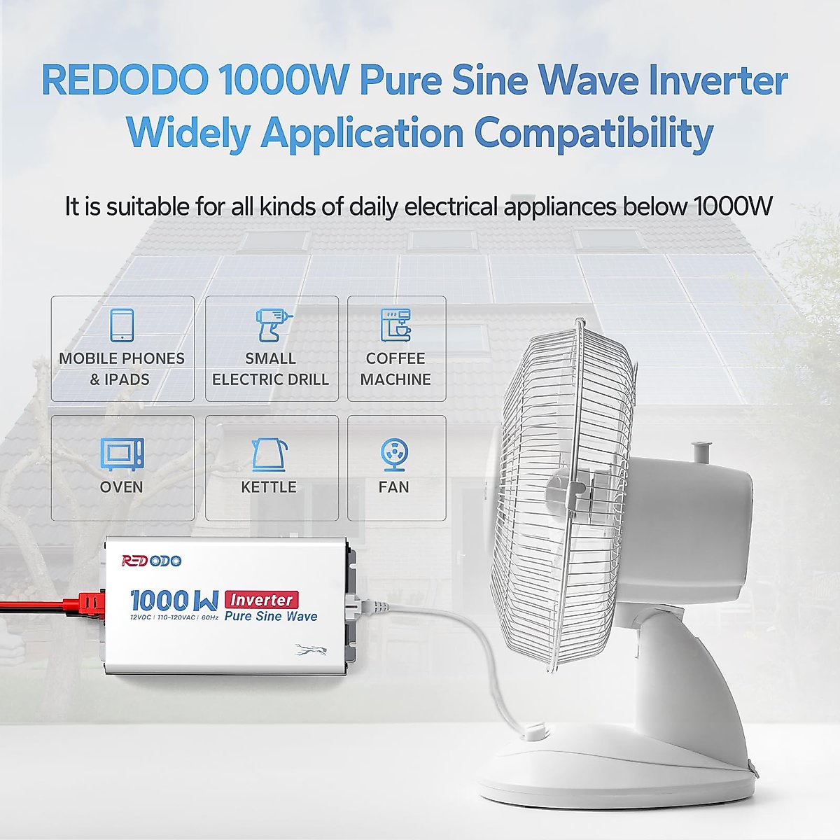 Redodo Pure Sine Wave Inverter 1000W Convert DC 12V to AC 110V, Monitoring Screen Showing Real-Time Status, for Off-Grid Solar Power System, RV, Home Backup Power