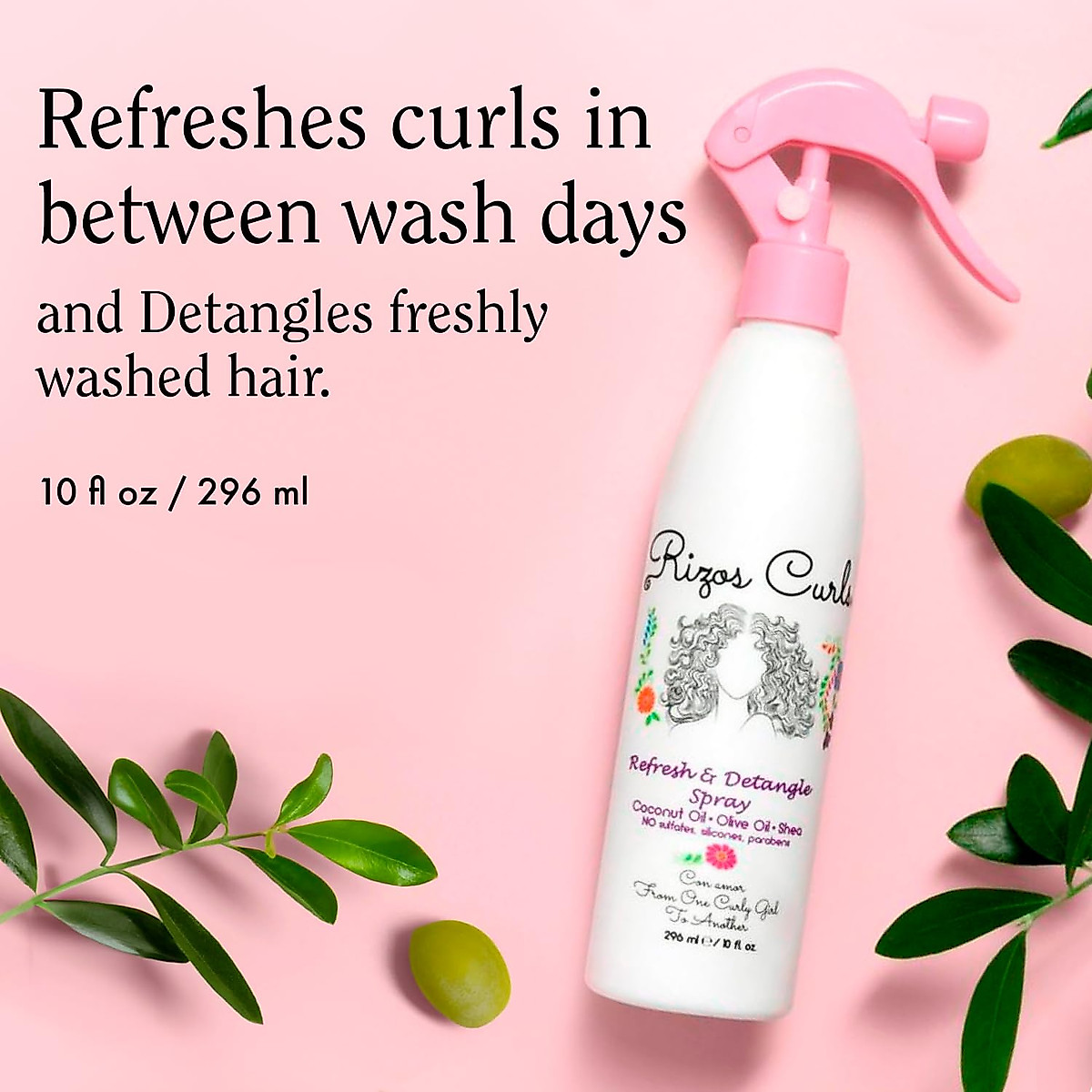 Rizos Curls Refresh & Detangle Spray, Moisturizing Leave-In Conditioner, Hydrate & Reduce Frizz, Add Shine & Definition with Coconut Oil, Aloe Vera & Shea Butter, All Hair Types 1a- 4c, 10 oz