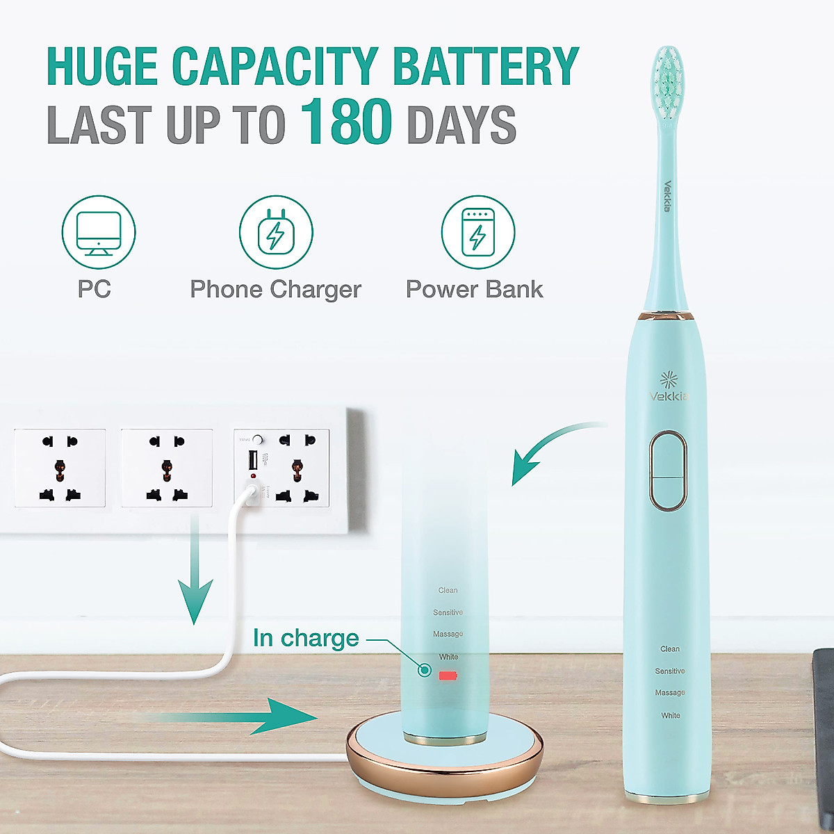 Vekkia Electric Toothbrush, Sonic Cleaning Rechargeable Toothbrush with Timer, Pressure Sensor, 4 Modes, 4 Brush Heads, Charge Lasts for 180 Days, Best Toothbrush for Adults (Blue Diamond)