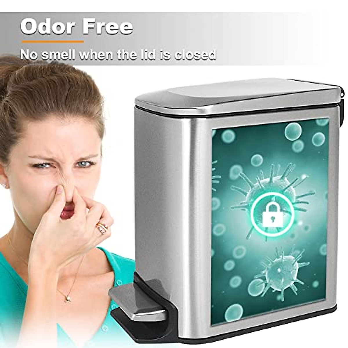 LAISU 6L/1.6Gal Stainless Steel Trash Can with Lid Soft Close, Removable Inner Wastebasket, Slim Small Garbage Can, Step Trash Bin for Bathroom Bedroom Office, Anti-Fingerprint Finish, Silver