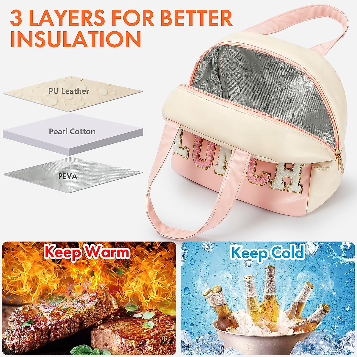 Lunch Bag for Women Insulated Lunch Bag For Men PU leather Small Lunch Bag for Office Work lunch Bag with Chenille Letters Leakproof Freezable Cooler Bag Reusable Portable Lunch Box (White&Pink)