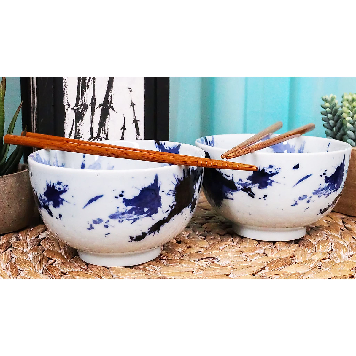 Ebros Gift Made In Japan Blue Splash Paint Abstract Art Design Porcelain Bowls With Bamboo Chopsticks Set Of 2 For Salad Ramen Pho Soup Cereal Home Kitchen Decorative Japanese Artistic Bowl