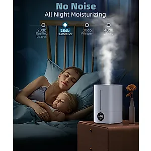 5L Humidifiers for Bedroom, 50H Runtime Humidifier for Large Room, Ultra-Quiet 28dB Cool Mist Air Humidifier for Home Baby Nursery & Plants, Auto Shut-off and BPA-Free for Safety, Easy to Clean