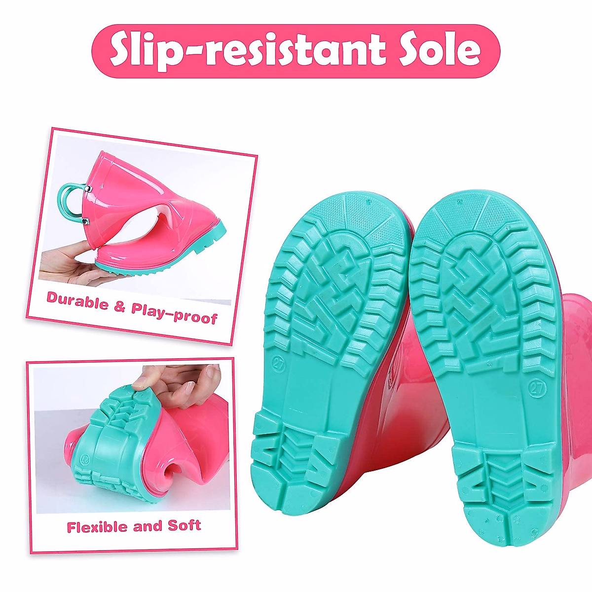 Colorxy Kids Rain Boots for Boys Waterproof Toddler Rain Boots with Easy-On Handles, Hot Pink Size Big Kid 4