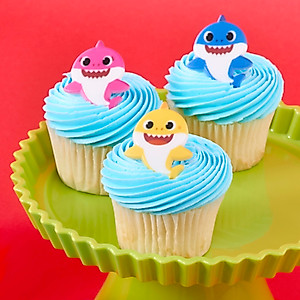 DecoPac Pinkfong Baby Shark 24 Cake Toppers - Blue, Pink, Yellow Cupcake Decorations for Birthday Celebrations