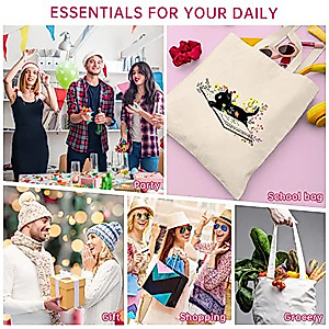 Andeiltech Tote Bag for Women Aesthetic Cute Canvas Tote Bag with Zipper Pocket Cat Book Flower Graphic Grocery Reusable Bags for Beach shopping bag