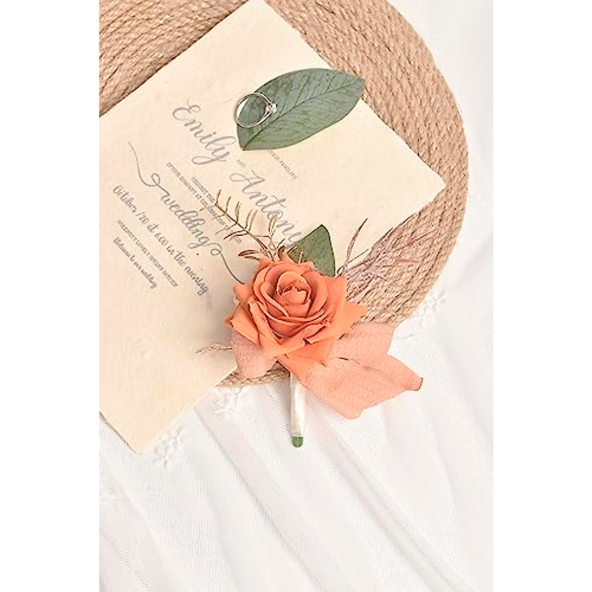 YSUCAU Burnt Orange Rose Wrist Corsage Wristlet Band Bracelet and Men Boutonniere Set for Wedding, Artificial Flower Wrist Corsage Bracelets for Fall Wedding Homecoming Prom Suit Decorations
