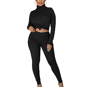 Mizoci Women's 2 Piece Outfits Workout Tracksuit Long Sleeve Turtleneck Top Legging Jogger Pants Set, X-Large, Black