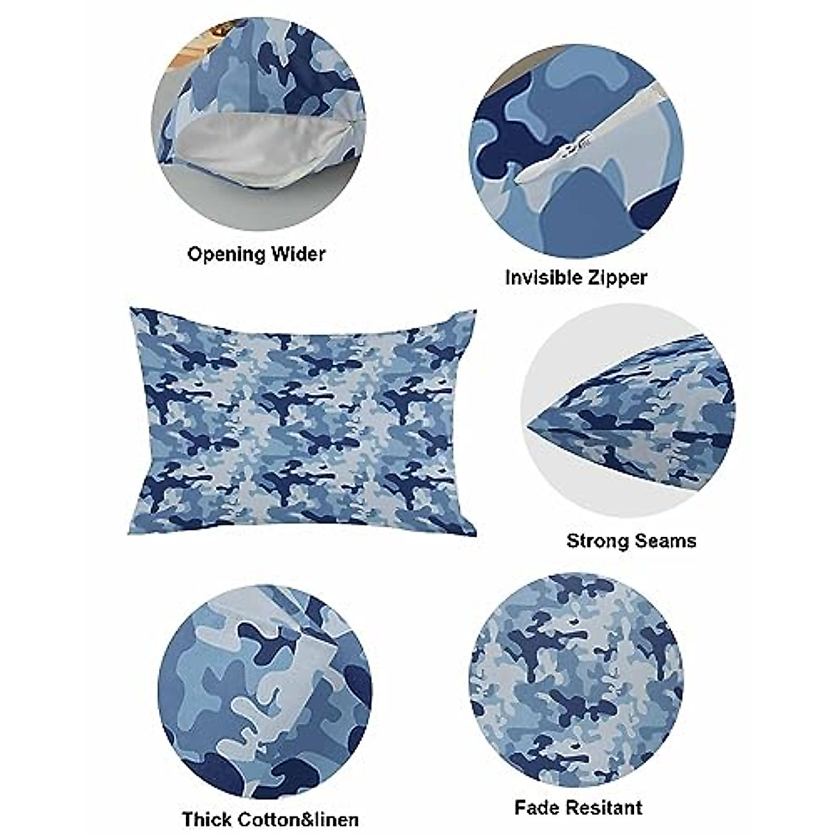 Throw Pillow Covers Set of 2, Lumbar Pillow Case Blue Camouflage Cotton Linen Rectangular Cushion Case Pillowcase for Couch Sofa Living Room Bedroom Decorative, 12 x 20 Inches