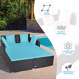 Tangkula Outdoor Rattan Daybed, Sunbed Wicker Furniture w/Spacious Seat, Upholstered Cushion & High-Resilience Sponge, Wicker Patio Sofa Set w/Extra Pillows for Courtyard Poolside(Turquoise)