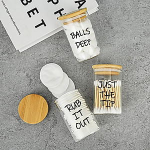 Glass Qtip Holder Dispenser Apothecary Jars, Storage Container with Bamboo Lid and Label, Bathroom Countertop Organizer for Cotton Swabs, Balls, Cotton Pad, Floss & More - Set of 3