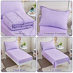 SUCHDECO Lavender Toddler Bedding Set Toddler Comforter Set for Girls Baby Crib Bedding Set with 6 Pom Poms Fringes - 4 Pieces: Comforter, Fitted Sheet, Flat Sheet, Pillowcase