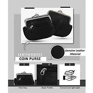 Women's Leather Metal Frame Double Clasp Zipper Coin Purse 5 1/4" x 3 1/4" (Black)