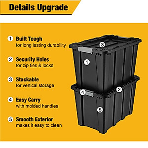 BROVIEW V12 11Gal Heavy Duty Plastic Storage Bins with Latching Lids, Stackable Tough Tote Storage Box Containers with Lock Hole & Handle for Garage Workshop Metal Rack (Black Base/Blue Lid, 4Pack)
