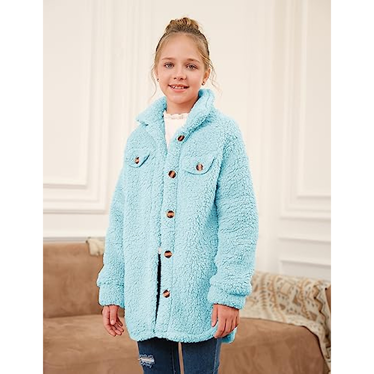 Haloumoning Girls Fuzzy Fleece Jacket Casual Button Down Sherpa Overcoat Faux Fur Jackets Outwear 4-15 Years