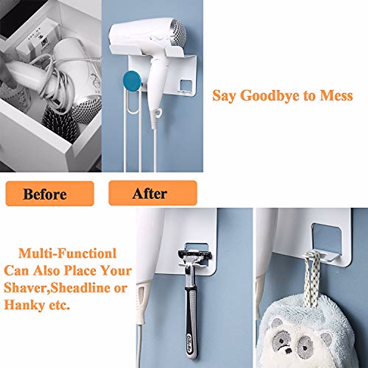 AKLVBL Hair Dryer Stand Holder Wall Mounted, New Upgrade Punching Or Nails-Free Glue Two Ways Blow Dryer Holder Rack Organizer for Dyson Supersonic Hair Dryer(White+Blue)