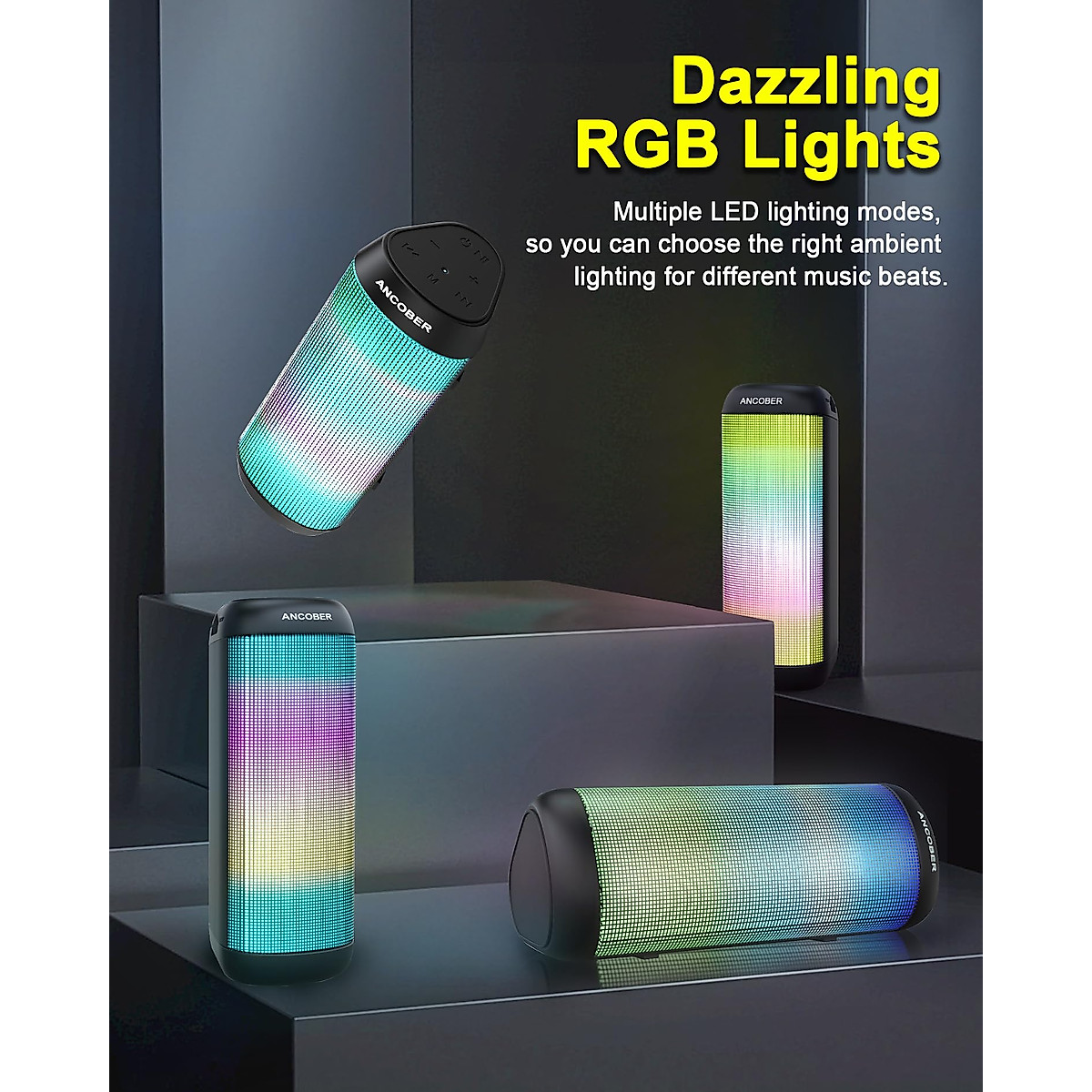 ANCOBER Wireless Bluetooth Portable Speaker 15W Stereo Sound with RGB LED Light Dynamic Modes, IPX4 Waterproof Bluetooth Speakers, BT5.3, TWS Surround Pairing, for Party Outdoor Camping Christmas