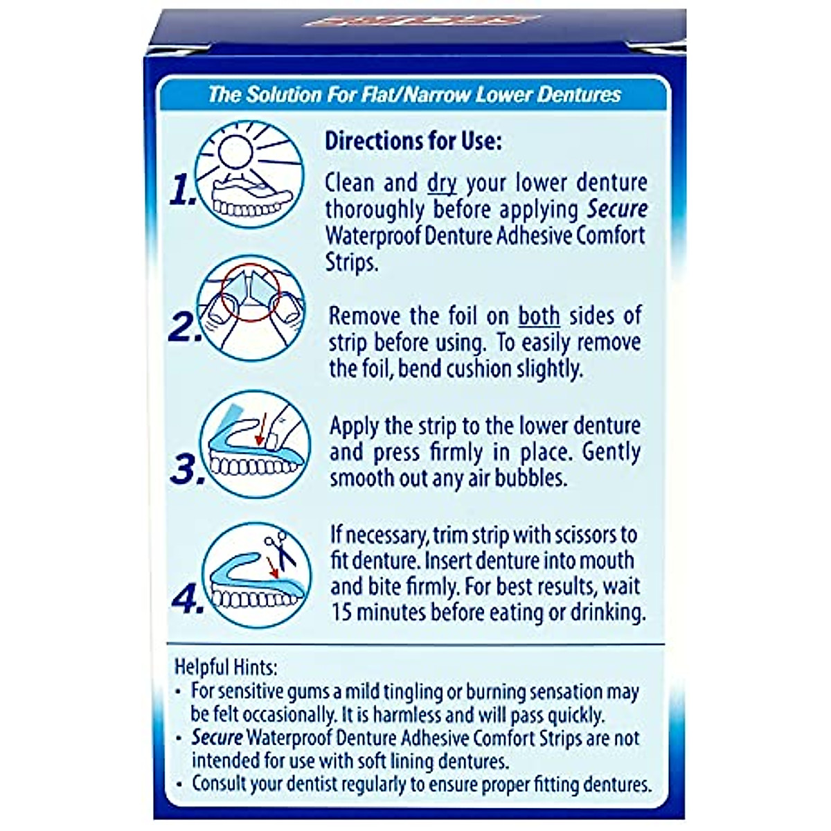 Secure Comfort Strips Waterproof Denture Adhesive - Customizable Fit, Extra Firm All Day Strong Hold for Lower Dentures - Zinc Free - 120 Strips (8 Pack)