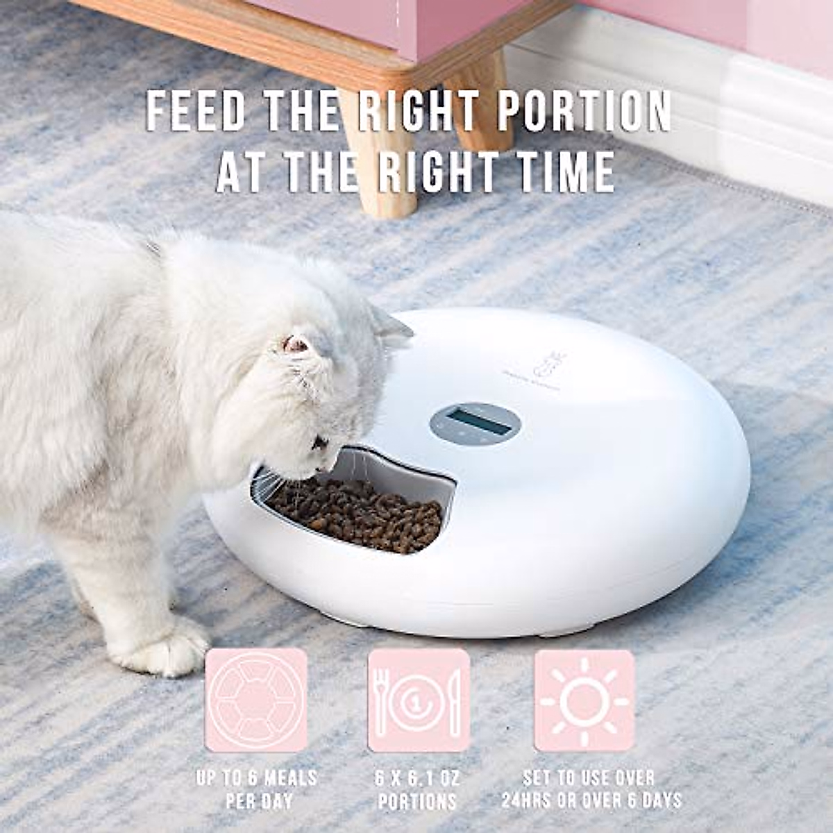 Automatic Cat Feeder - 6-Meal Wet and Dry Food Programmable Auto Dispenser with Digital Timer - Suitable for Cats and Small Dogs- USB & Battery Power Supply - Portion Control - Easy to Open Cover