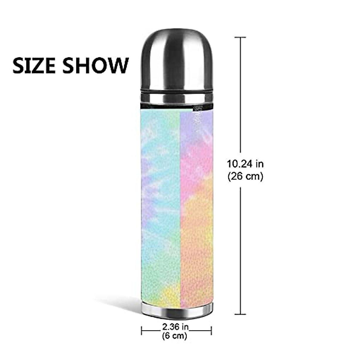 Pastel Tie Dye Water Bottle Stainless Steel Insulated Thermos Metal Resuable Vacuum Bottle With Leather Bottle Holder 16 Oz(500 Ml)
