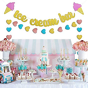 Gold Glittery Ice Cream Bar & Ice Cream Sign Banner and Pink, Blue, Gold Heart Paper Garland Birthday Party Ice Cream Theme Party Summer Theme Party Baby Shower Wedding Decorations Cute Photo Prop