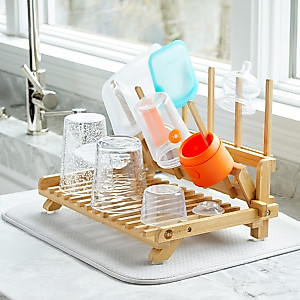 PopYum Space Saving Bamboo Drying Rack, Counter countertop Wood Folding Collapsible for Baby Bottle, Plastic Bag, Cup, Glass, Silicone, Dish, Water Bottle, Wooden, Compact, Accessories, Kitchen