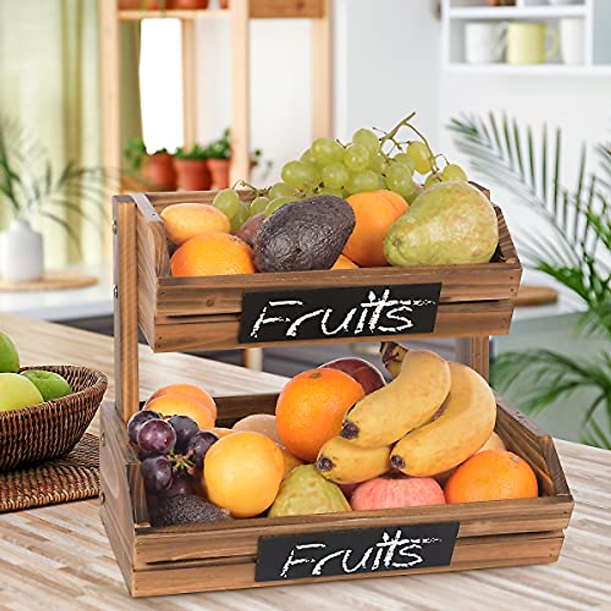 Rustic Fruit Basket, 2 Tier Standing Fruit Basket, Wooden Food Organizer & Retro Vegetable Stand Bread Racks, Farmhouse Food Basket for Kitchen, Office, Dining Room and Guest Room (Need Assemble)