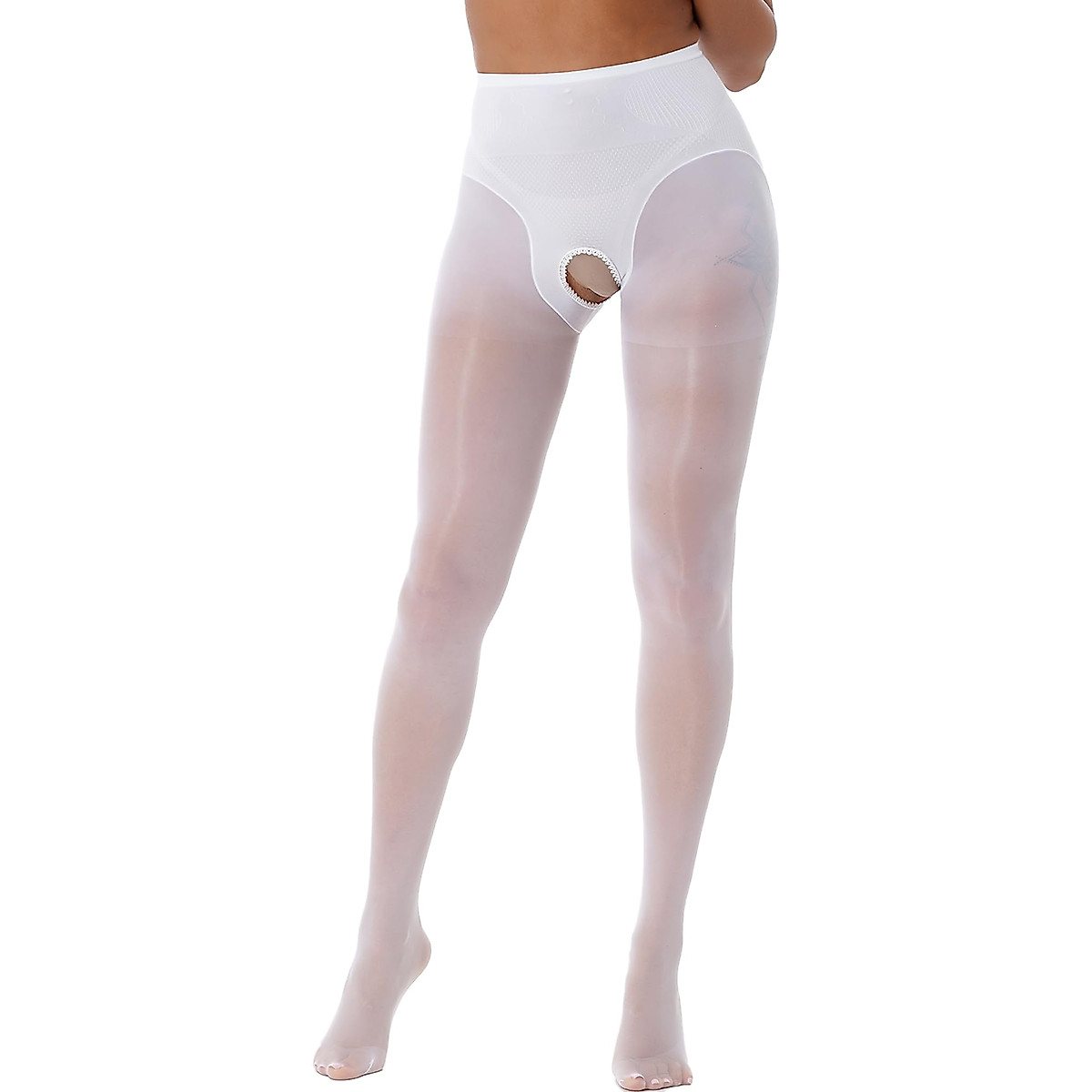 ACSUSS Womens Glossy Semi See-Through Tights High Waist Patchwork Crotchless Pantyhose Stockings White One Size